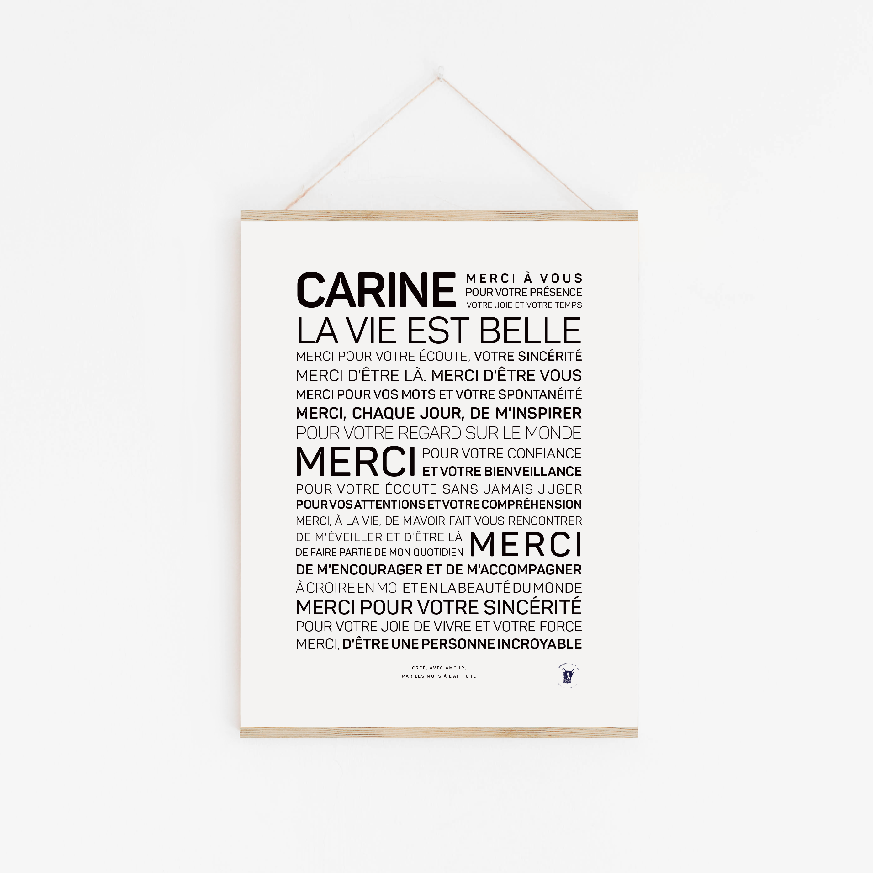 Affiche cadeau prénom Carine, la vie est belle - Les mots à l'affiche