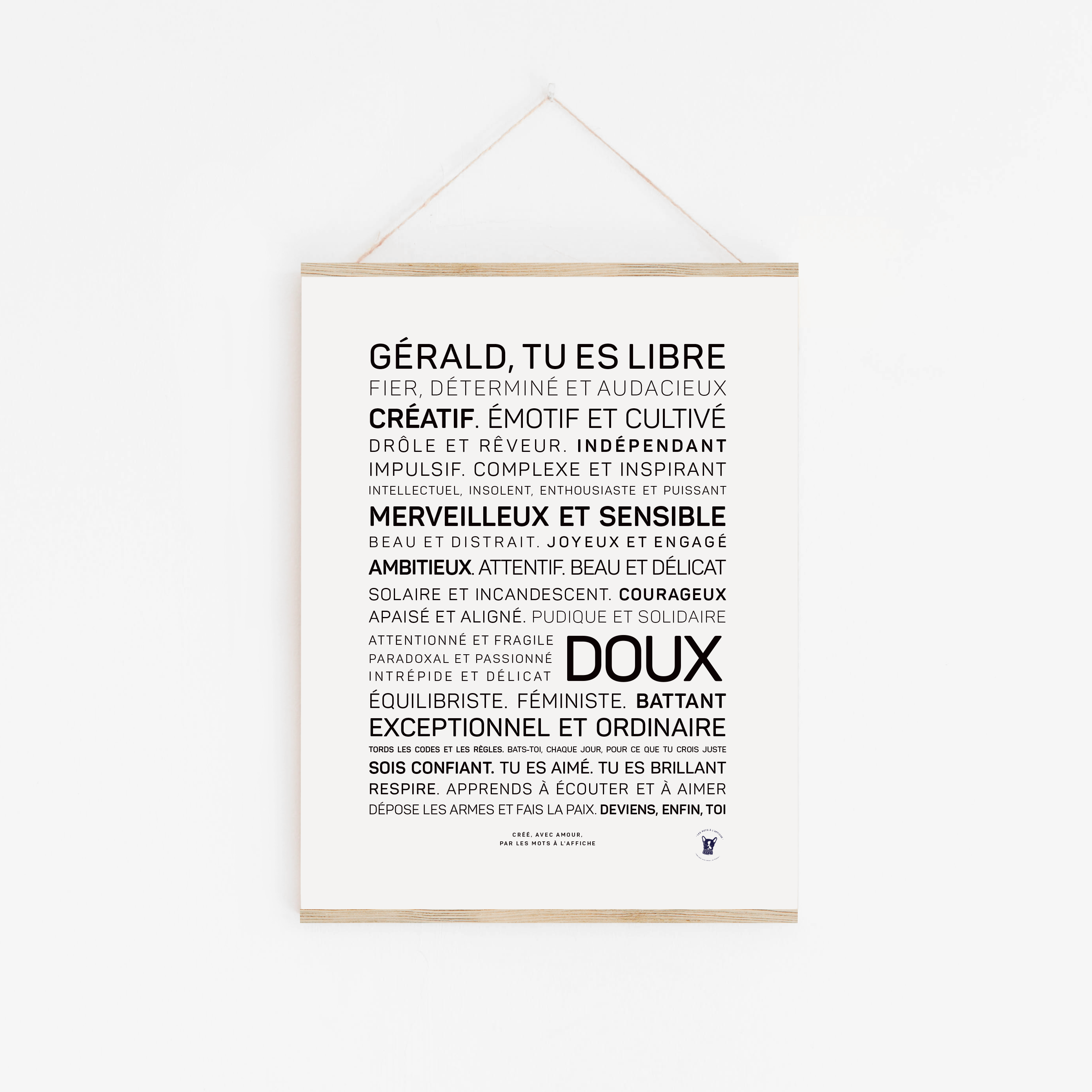 Affiche cadeau prénom Gérald, tu es libre et doux - Les mots à l'affiche
